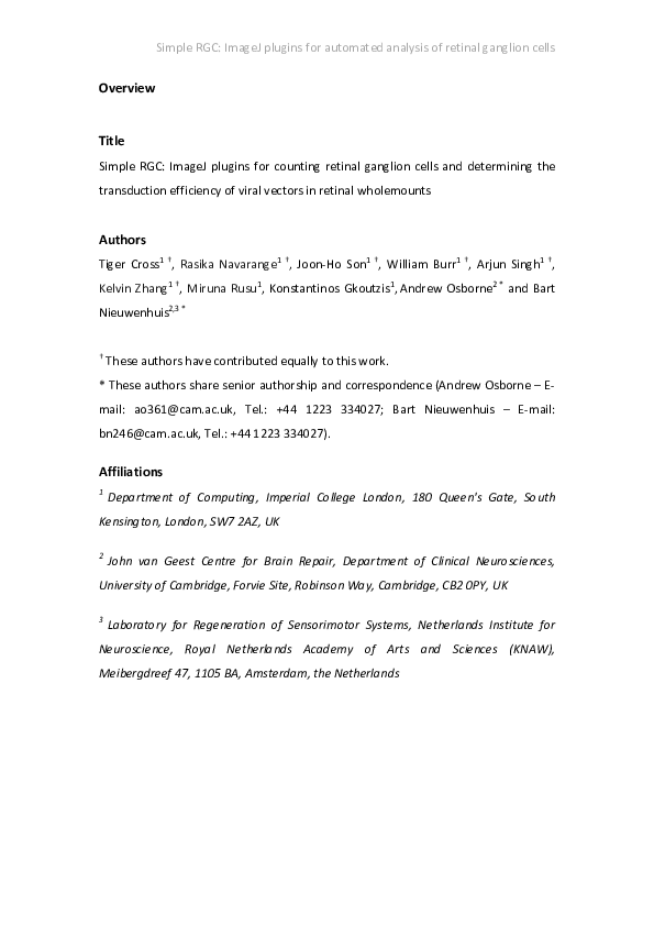 Pdf Simple Rgc Imagej Plugins For Counting Retinal Ganglion Cells And Determining The 