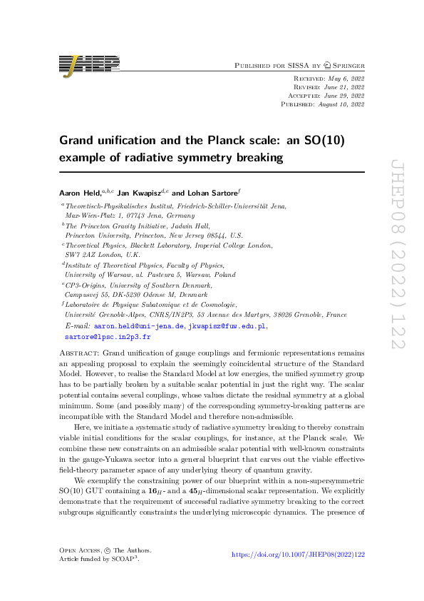 (PDF) Grand unification and the Planck scale: an SO(10) example of ...