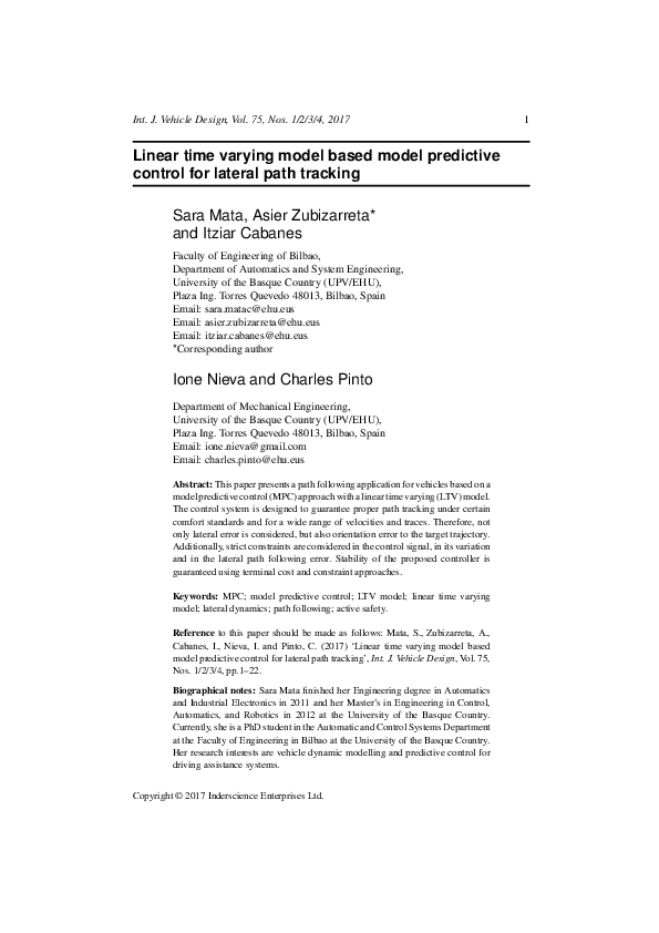 Pdf Linear Time Varying Model Based Model Predictive Control For Lateral Path Tracking Sara