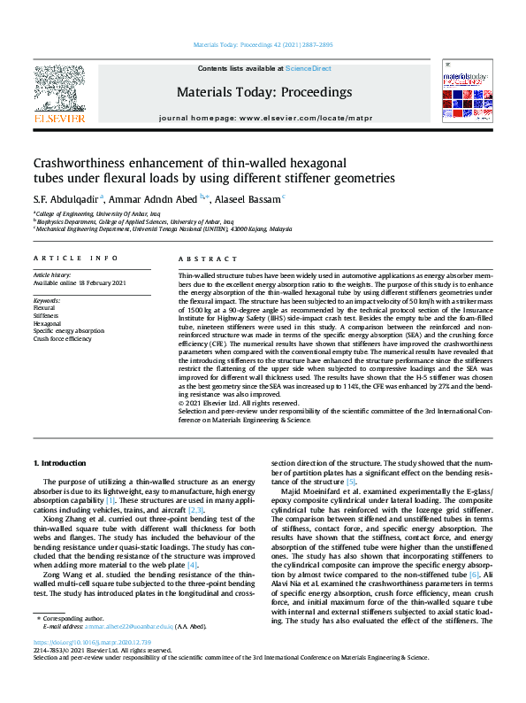 (PDF) Crashworthiness enhancement of thin-walled hexagonal tubes under flexural loads by using ...