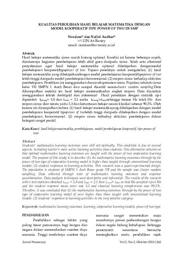 (PDF) Kualitas Perolehan Hasil Belajar Matematika Dengan Model ...