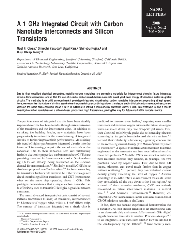 Pdf A 1 Ghz Integrated Circuit With Carbon Nanotube Interconnects And Silicon Transistors