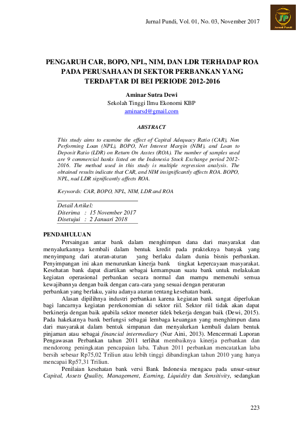 (PDF) Pengaruh Car, Bopo, NPL, Nim, Dan LDR Terhadap Roa Pada Perusahaan DI Sektor Perbankan ...