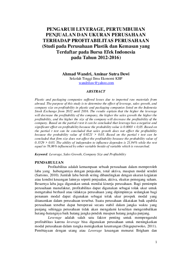 (PDF) PENGARUH LEVERAGE, PERTUMBUHAN PENJUALAN DAN UKURAN PERUSAHAAN TERHADAP PROFITABILITAS ...