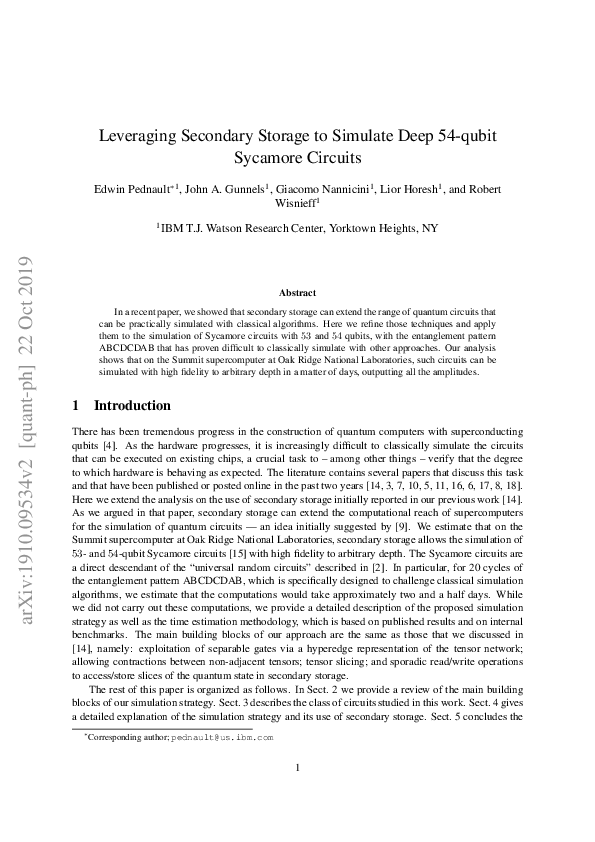 (PDF) Leveraging Secondary Storage to Simulate Deep 54-qubit Sycamore Circuits