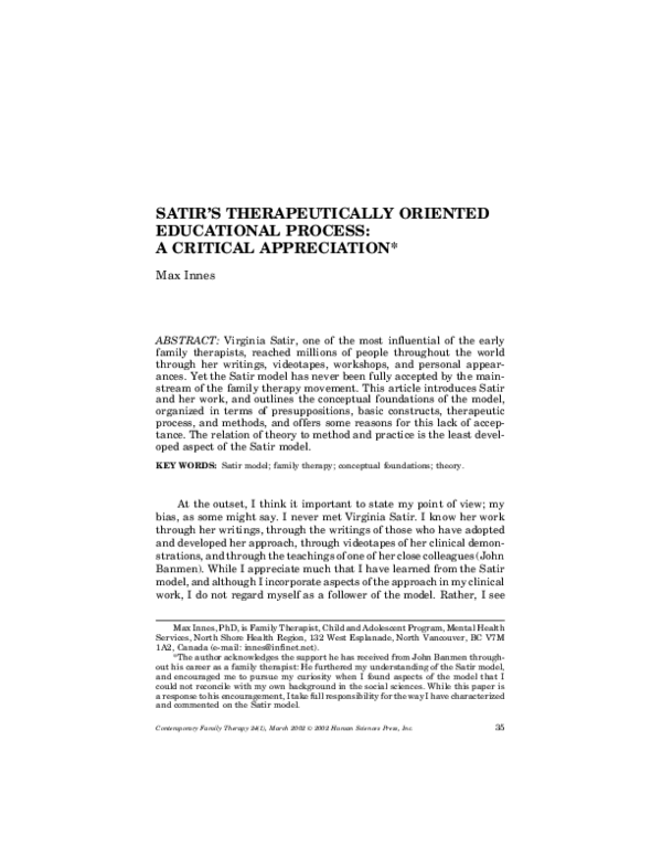 (PDF) Satir's Therapeutically Oriented Educational Process: A Critical ...