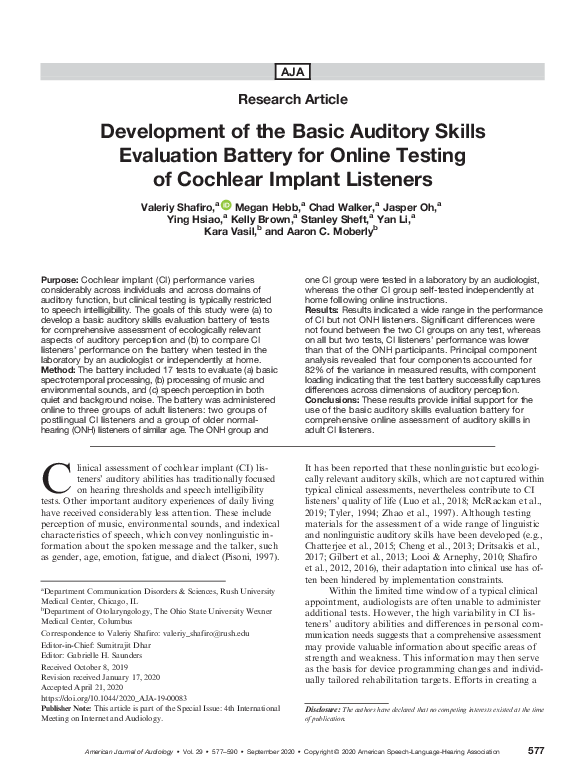 (PDF) Development of the Basic Auditory Skills Evaluation Battery for ...