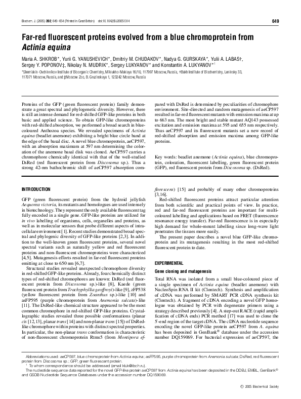 (PDF) Far-red fluorescent proteins evolved from a blue chromoprotein ...