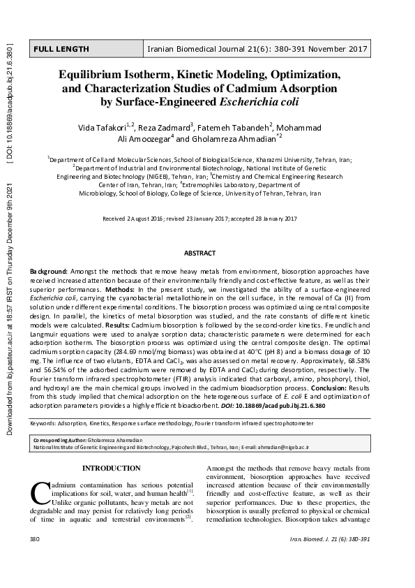 (PDF) Equilibrium Isotherm, Kinetic Modeling, Optimization, and Characterization Studies of ...