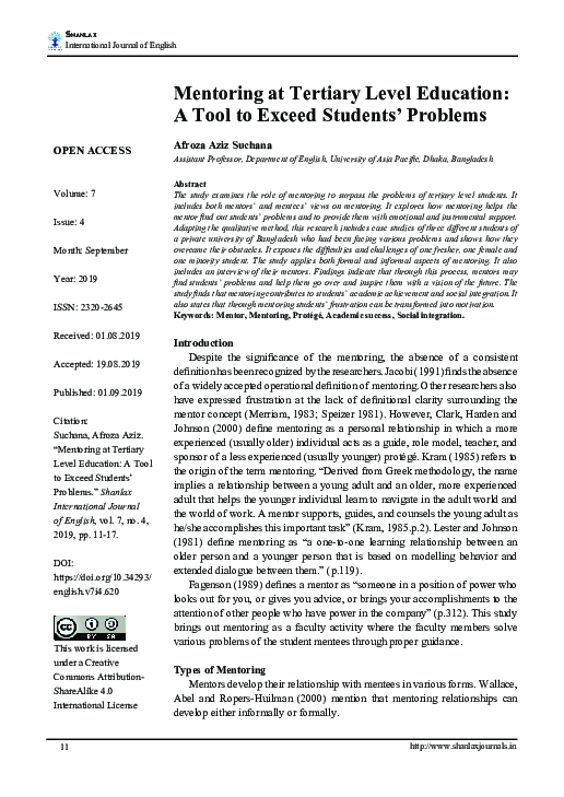 (PDF) Mentoring at Tertiary Level Education: A Tool to Exceed Students ...