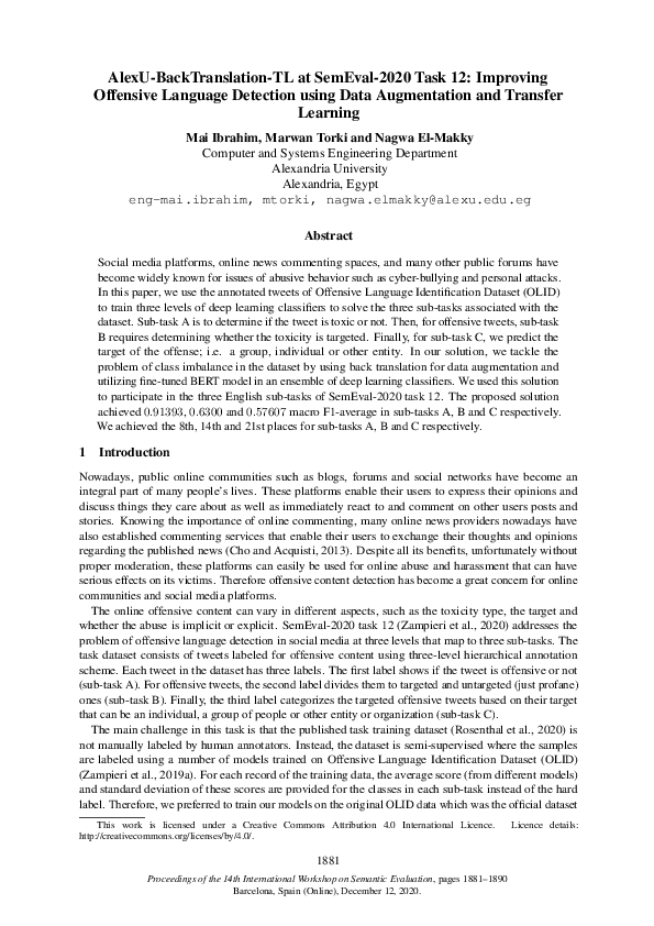 Pdf Alexu Backtranslation Tl At Semeval 2020 Task 12 Improving