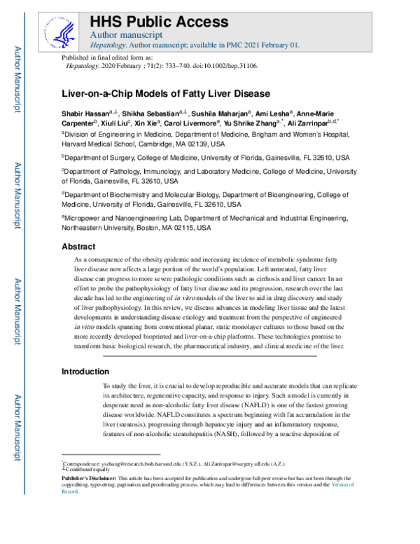 (PDF) Liver‐on‐a‐Chip Models of Fatty Liver Disease