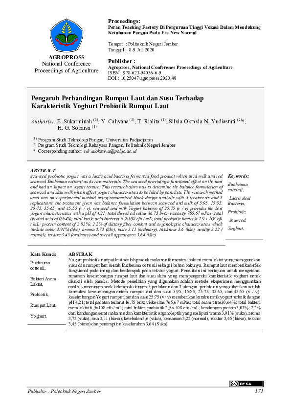 (PDF) Pengaruh Perbandingan Rumput Laut dan Susu Terhadap Karakteristik Yoghurt Probiotik Rumput ...