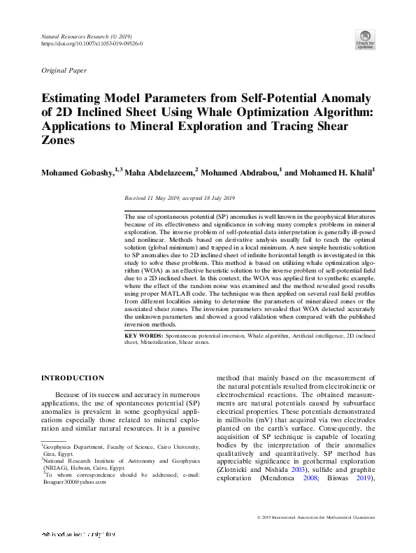 (PDF) Estimating Model Parameters from Self-Potential Anomaly of 2D Inclined Sheet Using Whale ...