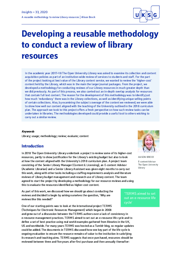 (PDF) Developing a reusable methodology to conduct a review of library resources