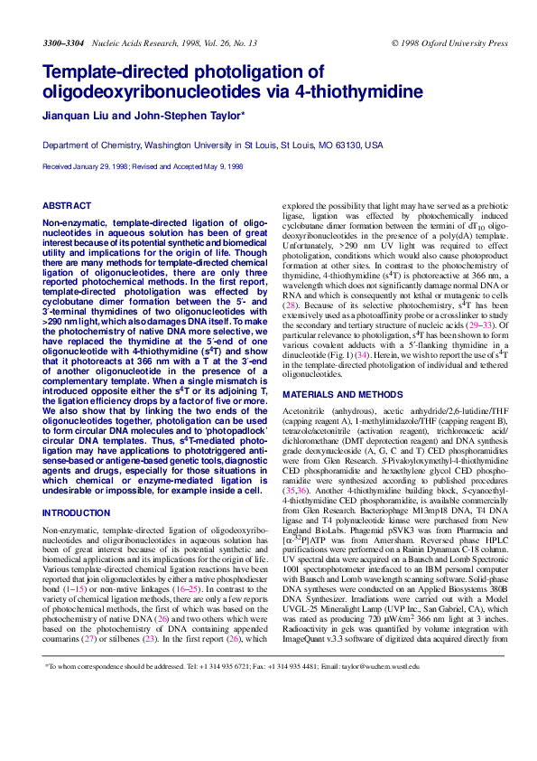 (PDF) Template-directed photoligation of oligodeoxyribonucleotides via ...