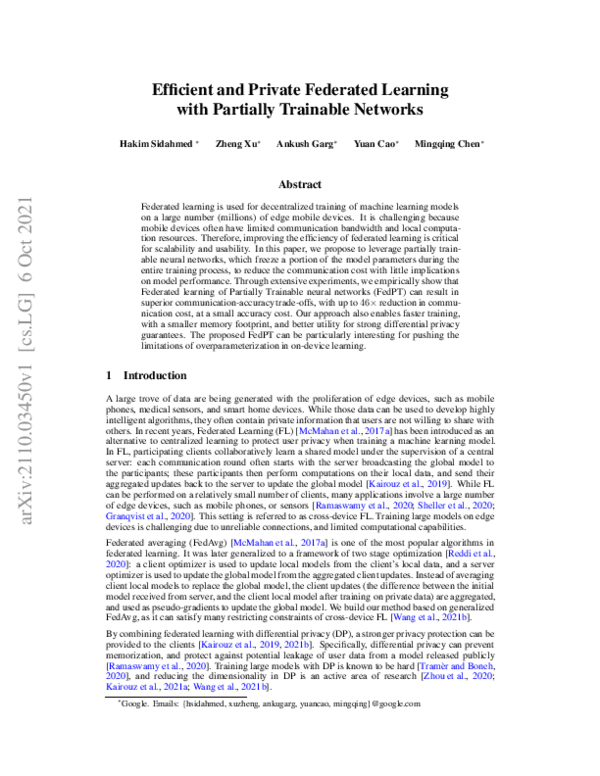 Pdf Efficient And Private Federated Learning With Partially Trainable