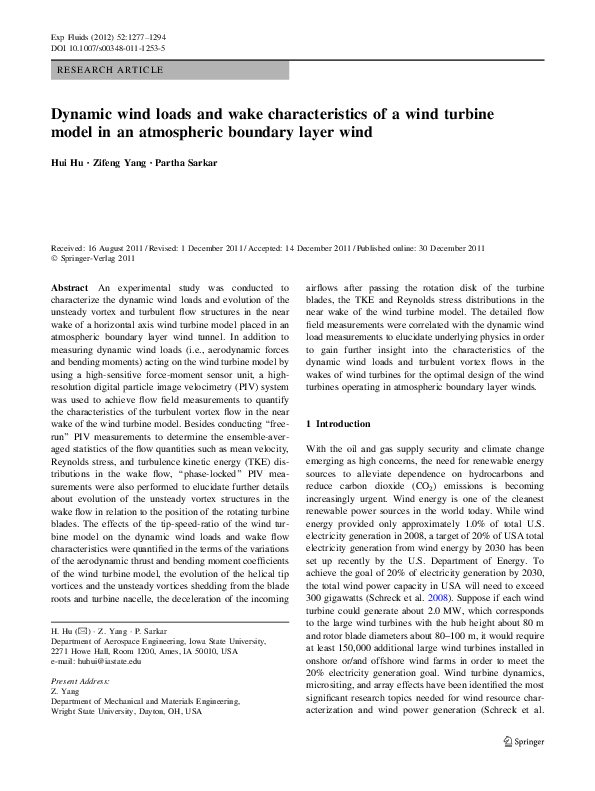 Pdf Dynamic Wind Loads And Wake Characteristics Of A Wind Turbine Model In An Atmospheric
