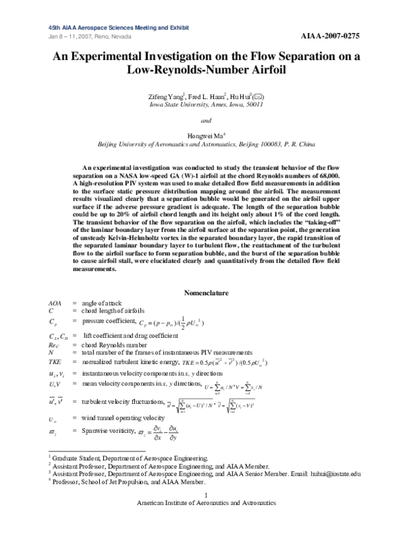 (PDF) An Experimental Investigation on the Flow Separation on a Low-Reynolds-Number Airfoil