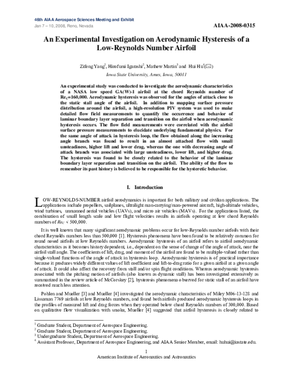 (PDF) Aerodynamic Hysteresis in Low-Re Airfoils