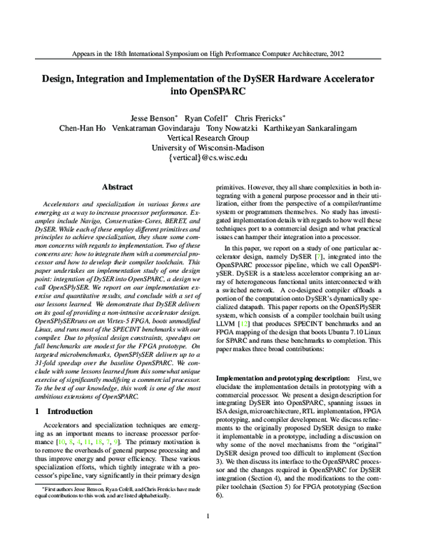 Pdf Design Integration And Implementation Of The Dyser Hardware Accelerator Into Opensparc