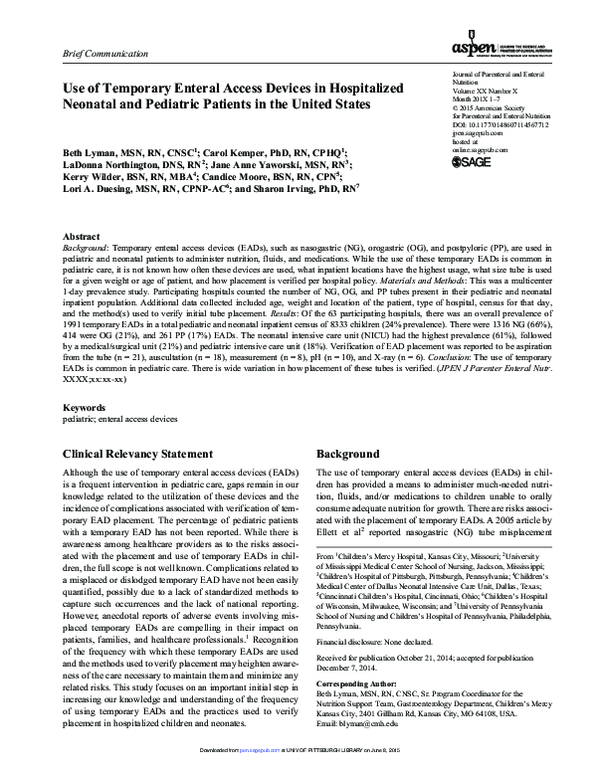 (PDF) Use of Temporary Enteral Access Devices in Hospitalized Neonatal ...