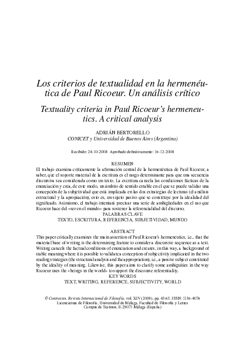 (PDF) Los criterios de textualidad en la hermenéutica de Paul Ricoeur. Un análisis crítico