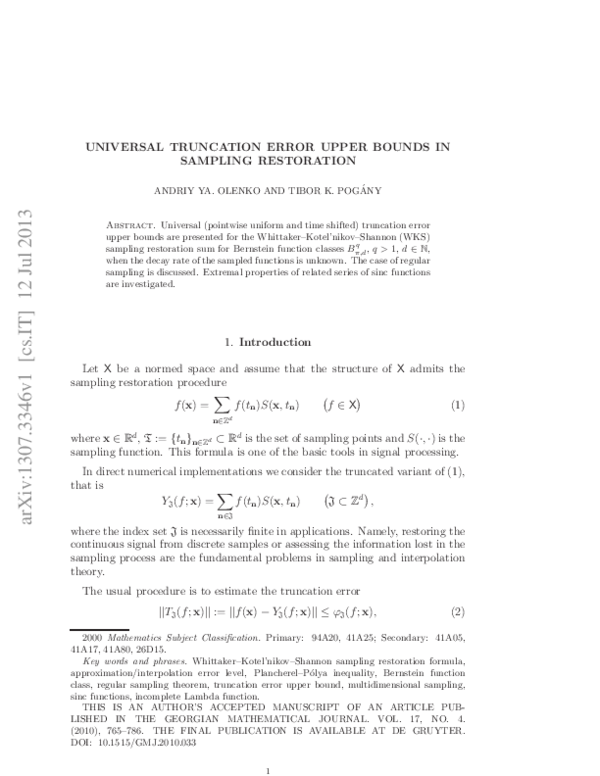 Pdf Universal Truncation Error Upper Bounds In Sampling Restoration