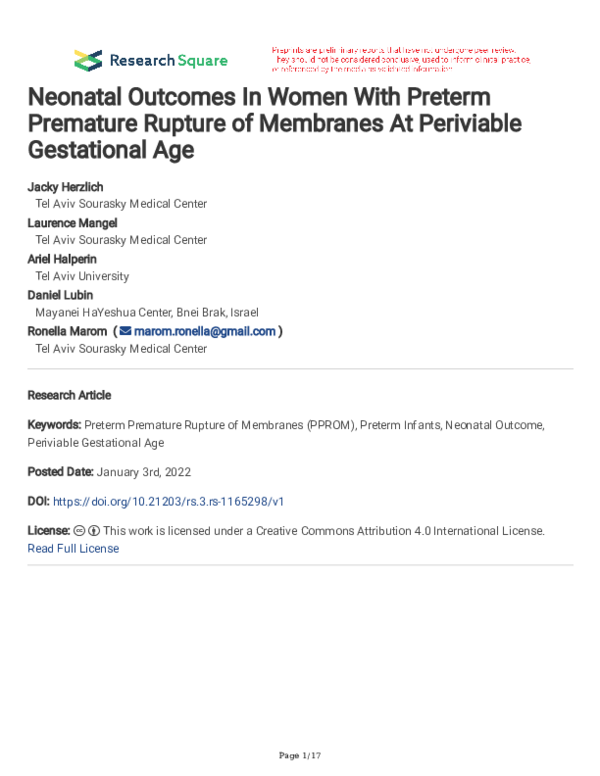 (PDF) Neonatal Outcomes In Women With Preterm Premature Rupture of ...