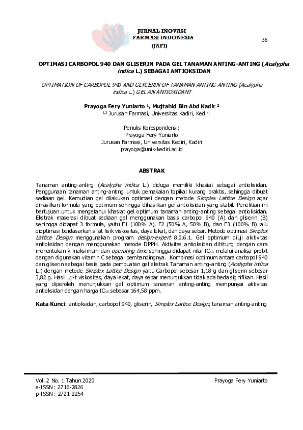 (PDF) OPTIMASI CARBOPOL 940 DAN GLISERIN PADA GEL TANAMAN ANTING-ANTING (Acalypha indica L ...