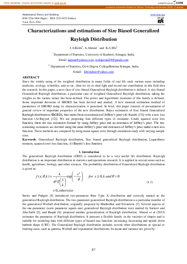 (PDF) Characterizations and estimations of Size Biased Generalized Rayleigh Distribution