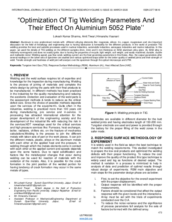 (PDF) ―Optimization Of Tig Welding Parameters And Their Effect On Aluminium 5052 Plate’’