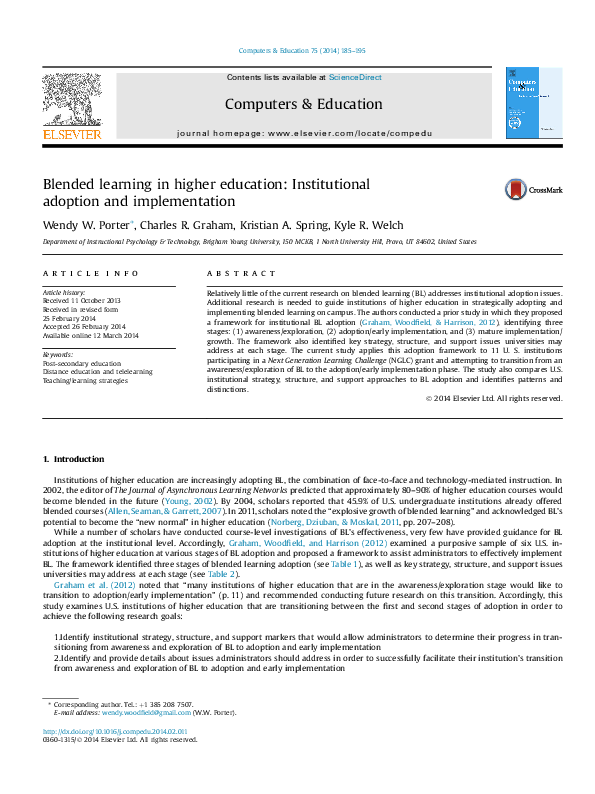 (PDF) Blended learning in higher education: Institutional adoption and ...