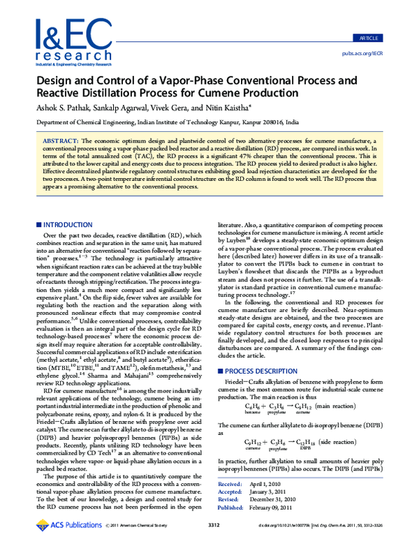 Pdf Design And Control Of A Vapor Phase Conventional Process And Reactive Distillation Process