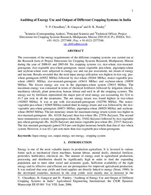 Pdf Auditing Of Energy Use And Output Of Different Cropping Systems In India