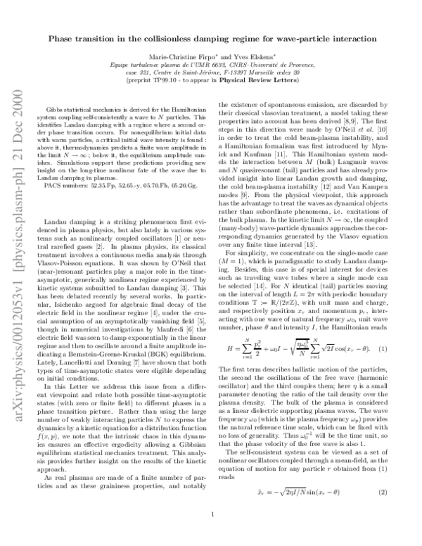 (PDF) Phase Transition in the Collisionless Damping Regime for Wave-Particle Interaction | Marie ...