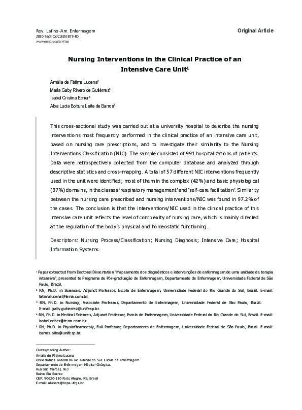 (PDF) Nursing Interventions in the Clinical Practice of an Intensive ...