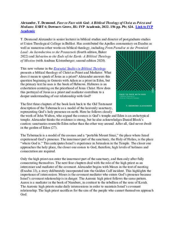 (PDF) T. Desmond Alexander, Face to Face with God: A Biblical Theology ...