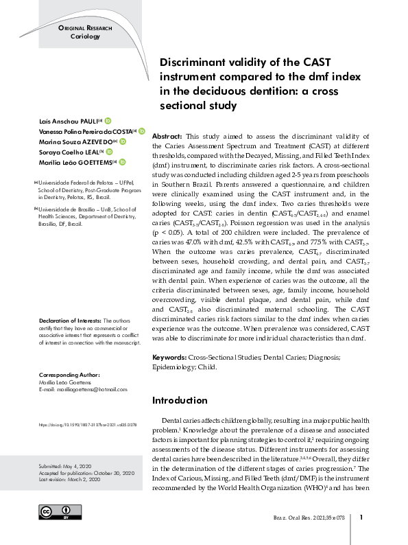 (PDF) Discriminant validity of the CAST instrument compared to the dmf ...