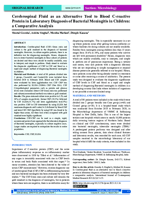 (PDF) Cerebrospinal Fluid as an Alternative Tool to Blood C-reactive ...
