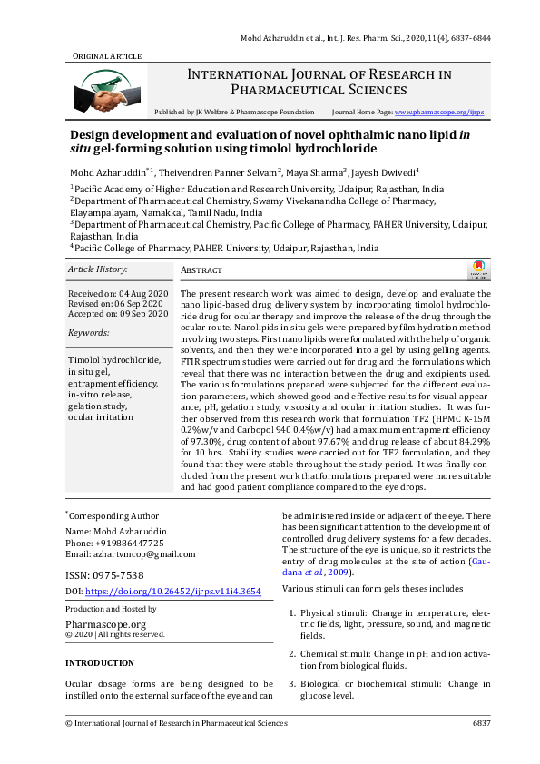 Pdf Design Development And Evaluation Of Novel Ophthalmic Nano Lipid In Situ Gel Forming