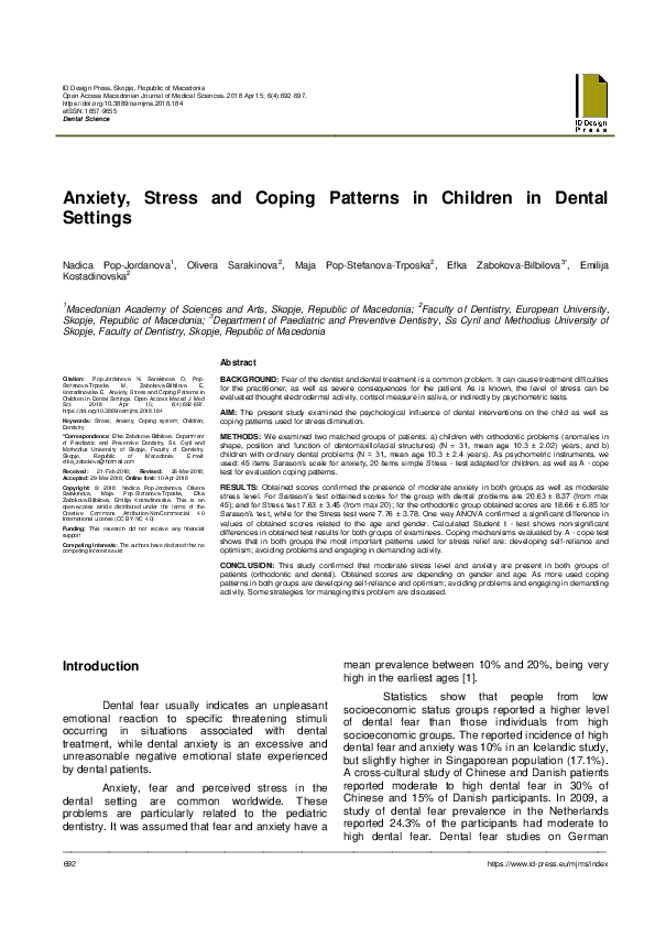 (PDF) Anxiety, Stress and Coping Patterns in Children in Dental Settings