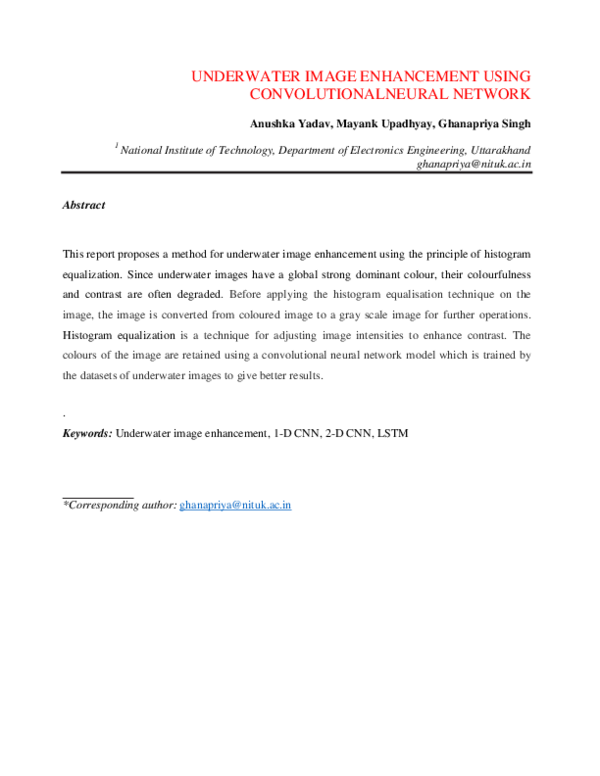 Pdf Underwater Image Enhancement Using Convolutional Neural Network