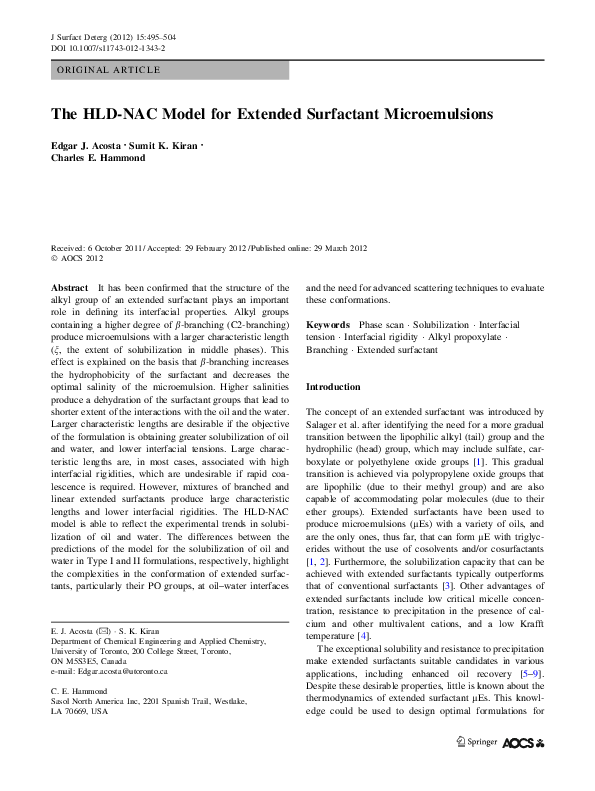 (PDF) The HLD-NAC Model for Extended Surfactant Microemulsions