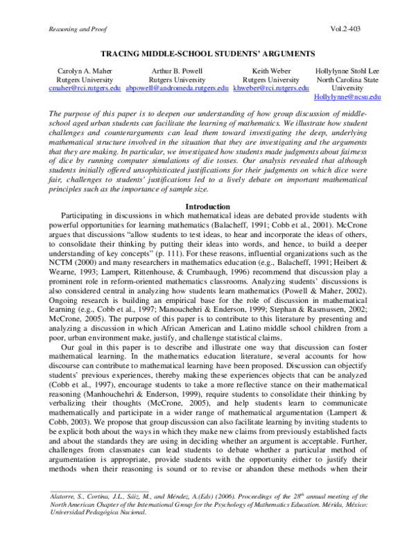 (PDF) Tracing middle-school students' arguments | Carolyn Maher ...