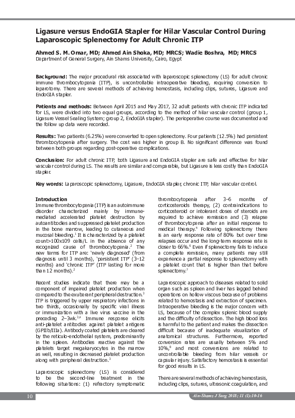 (PDF) Ligasure versus EndoGIA Stapler for Hilar Vascular Control During ...