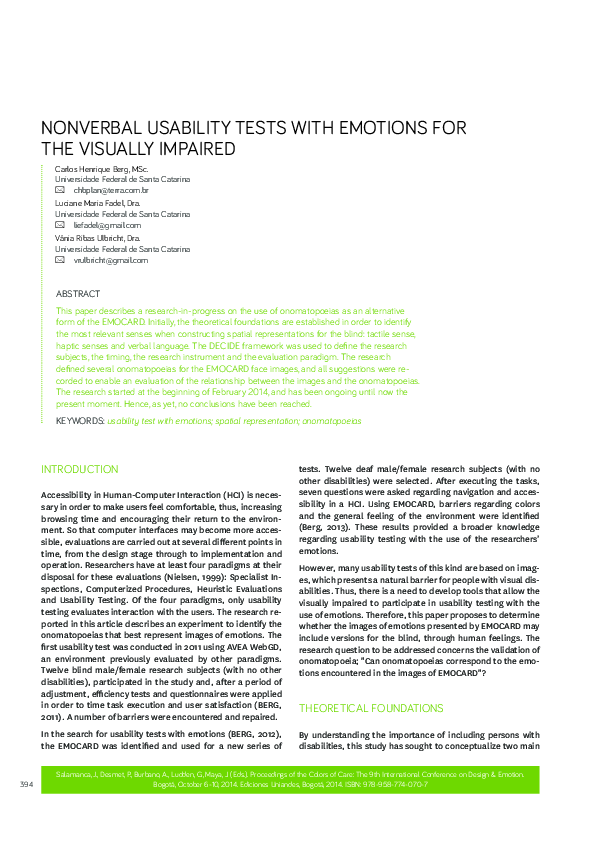 (PDF) Nonverbal Usability Tests with Emotions for the Visually Impaired