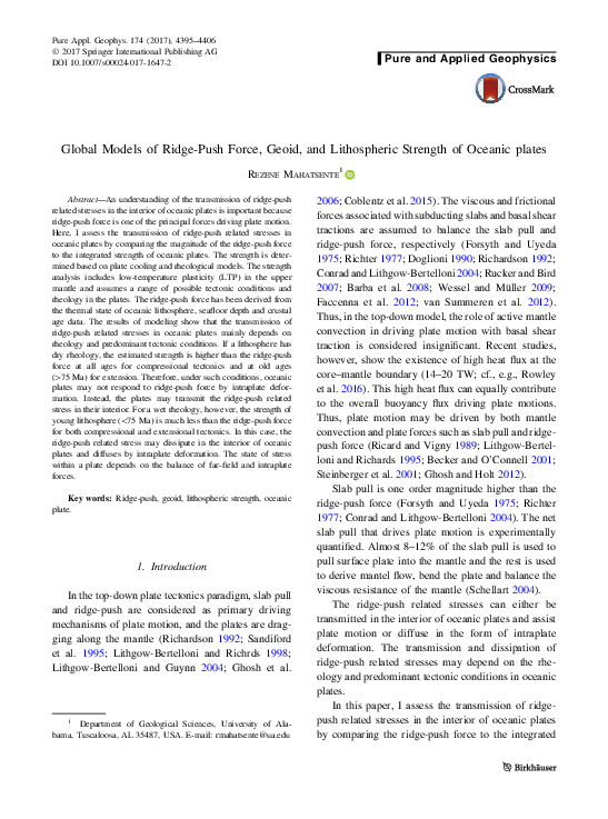 (PDF) Global Models of Ridge-Push Force, Geoid, and Lithospheric ...