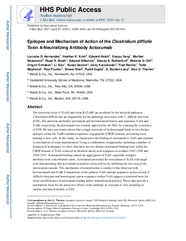 (PDF) Epitopes and Mechanism of Action of the Clostridium difficile ...