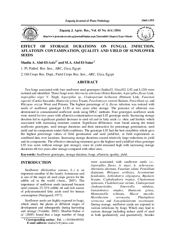 (PDF) Effect of Storage Durations on Fungal Infection, Aflatoxin Contamination, Quality and ...